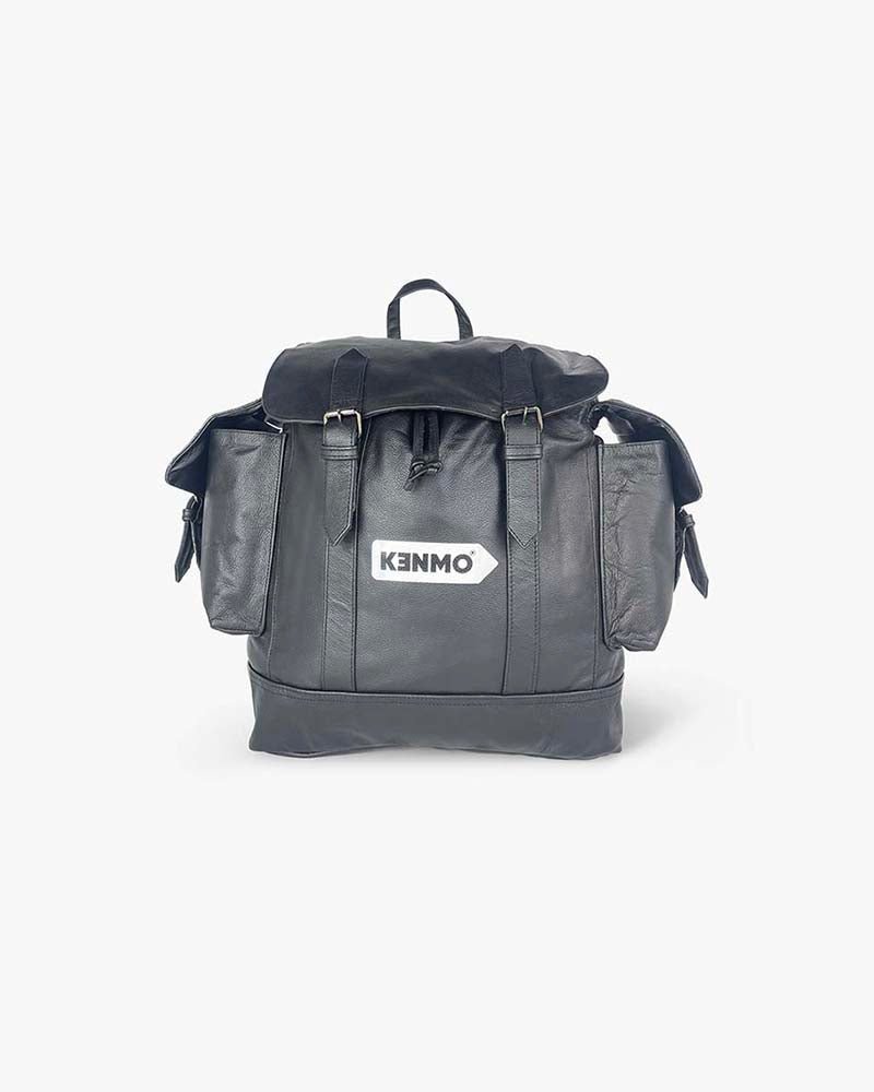 Black Leather Backpack | Two Side Pockets & Arrow Logo - Kenmo®