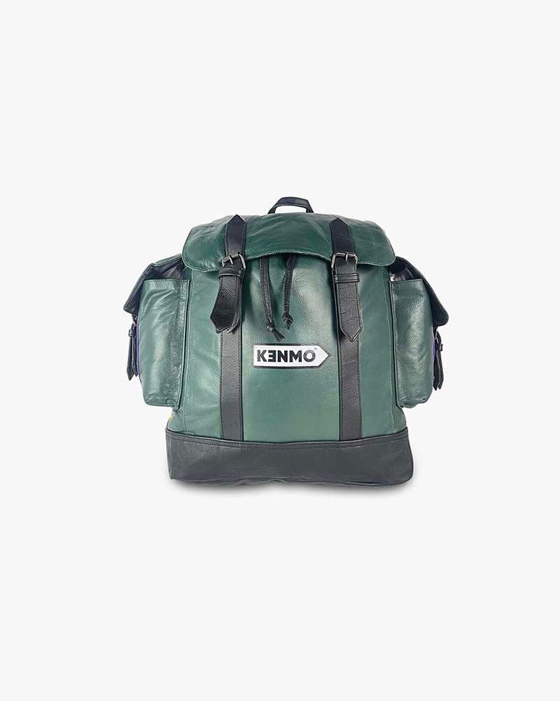 Green Leather Backpack | Two Side Pocket With Arrow Logo - Kenmo®