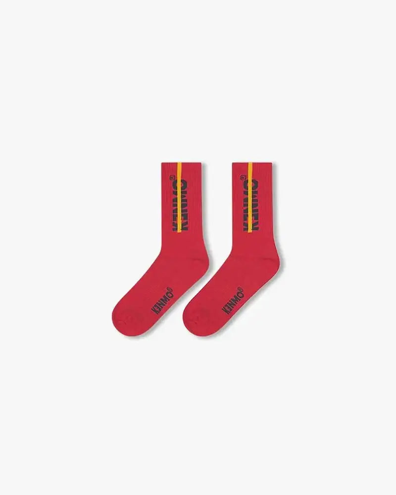 Red Crew Socks | Vertical Logo With Yellow Strikethrough - Kenmo®